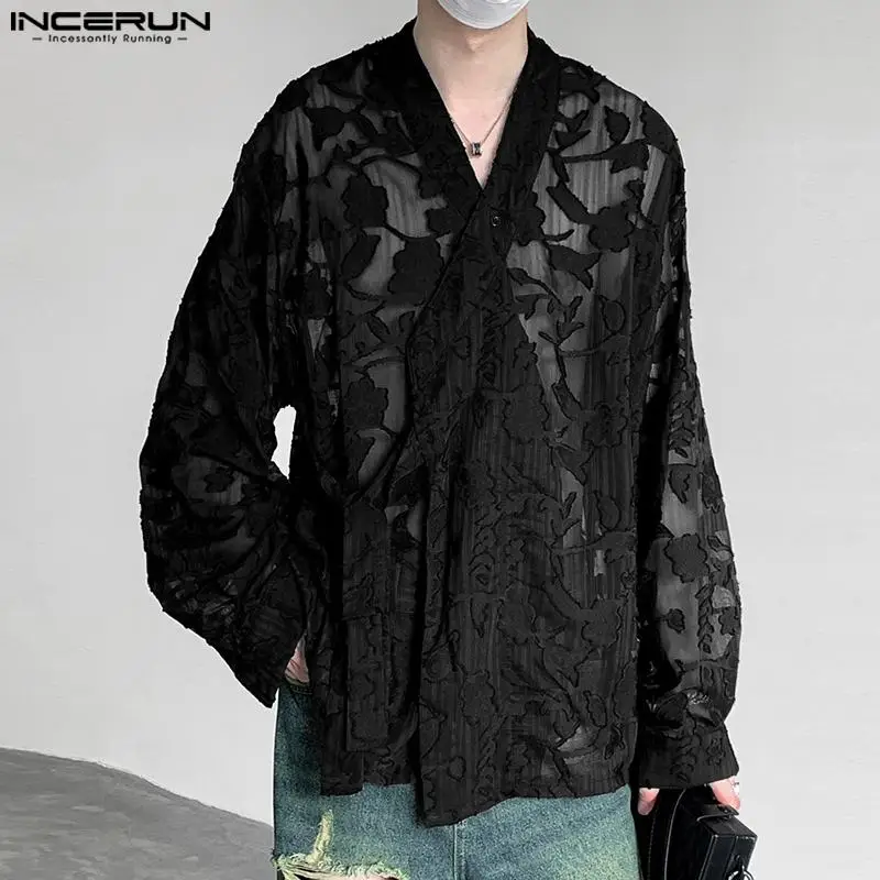 INCERUN-Tops-2024-Handsome-Men-s-Jacquard-Perspective-Hollow-Shirts ...