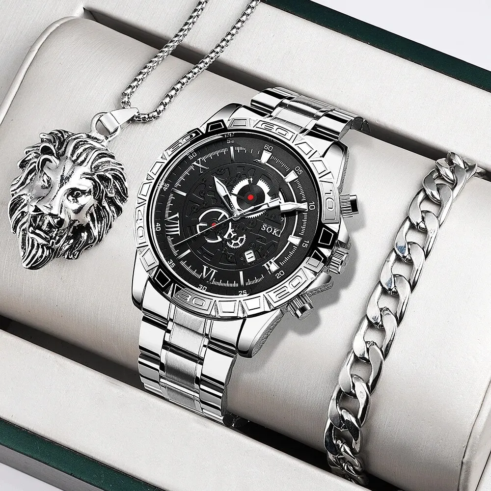 Masculino-Hip-Hop-Quartz-Rel-gio-de-Pulso-Conjunto-Pulseira-Colar-Neg ...