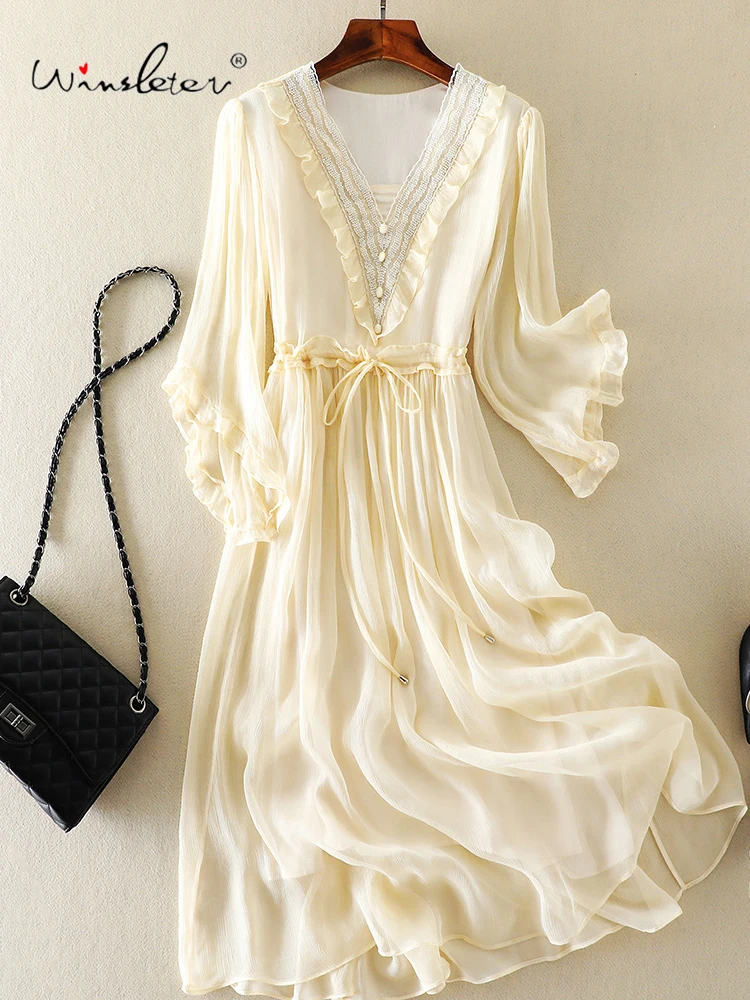 Winsleter-Women 100%Real Silk Elegant Dress, Butterfly Sleeve Lace ...