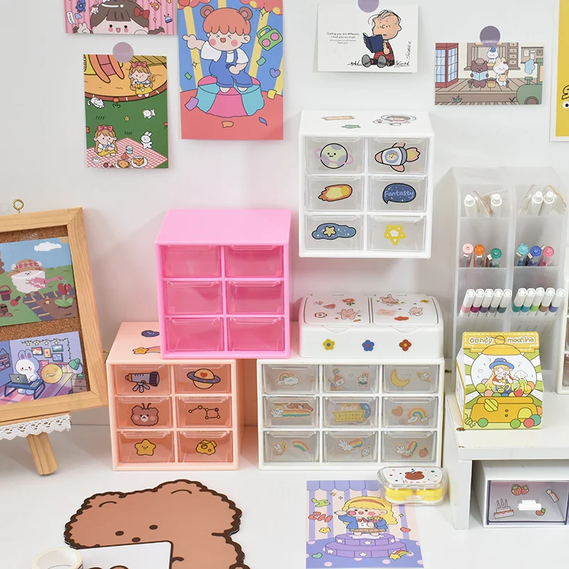 Kawaii 6 Drawer Desktop Storage Box Transparent Drawer Type Plastic ...