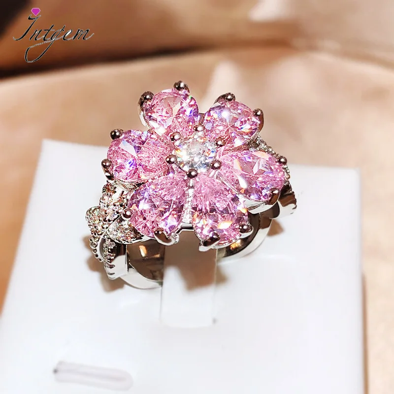 925 Sterling Silver Pink Crystal Sakura Large Flower Ring Unique Sweet ...