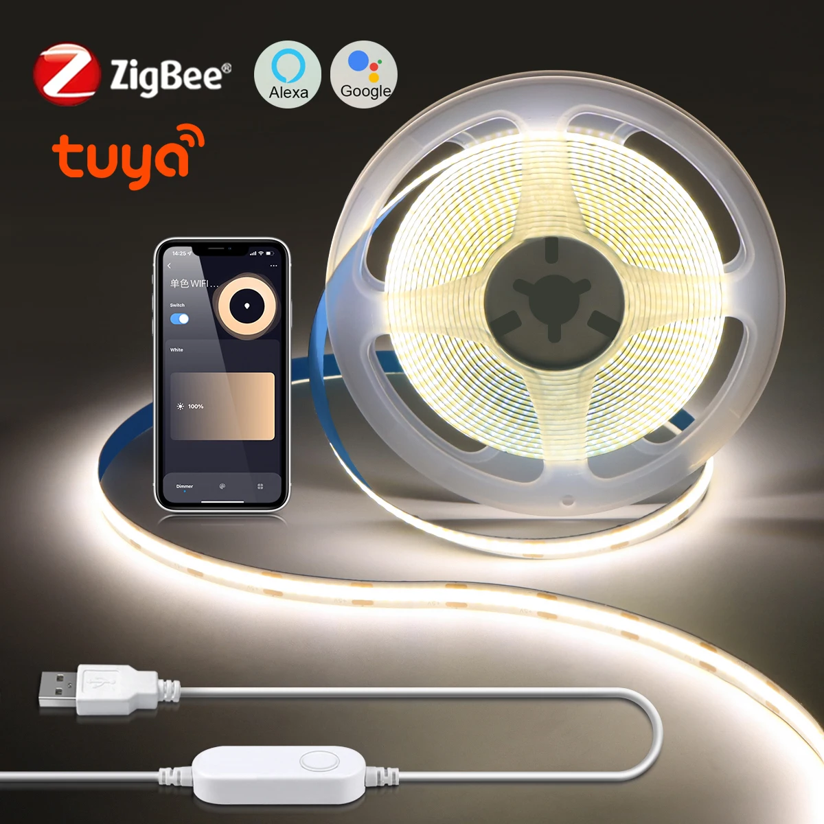 Zigbee-3-0-COB-LED-Strip-Light-USB-5V-1-5M-Flexible-Dimmable-Lamp ...