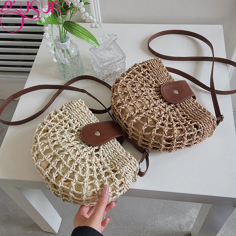 Gusure Woven Rattan Bag Round Straw Shoulder Bag Small Beach HandBags ...