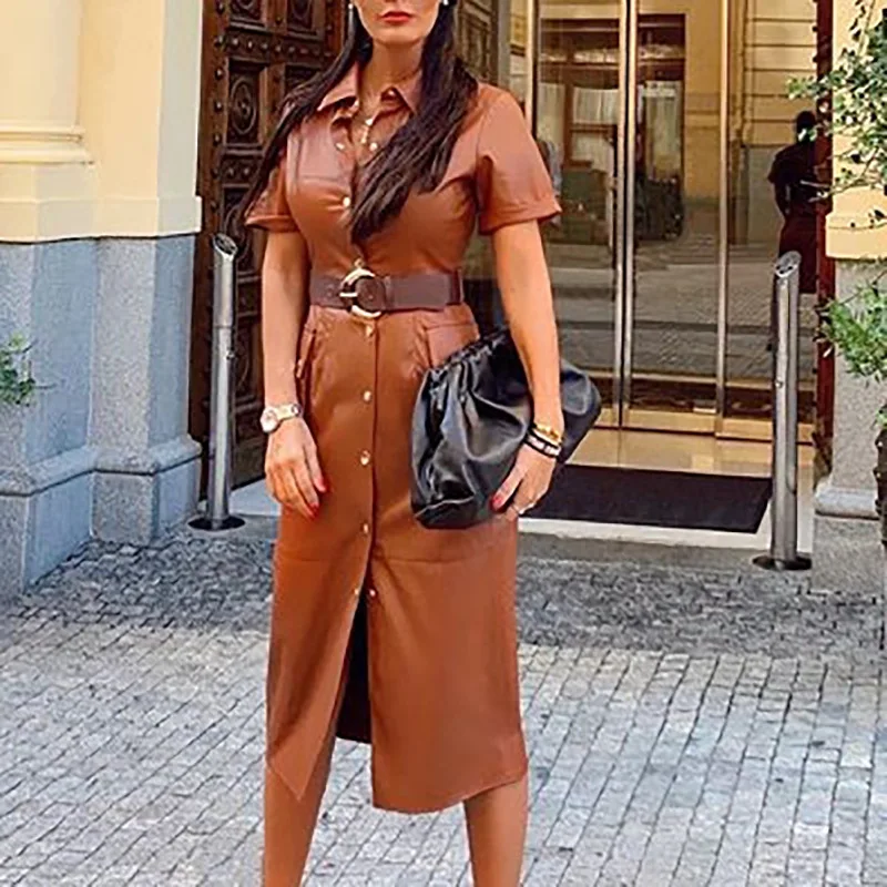 Black-Women-PU-Faux-Leather-Dress-with-Belt-New-Short-Sleeve-Vintage ...