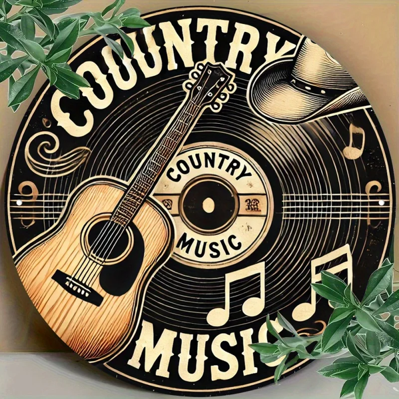 2D Flat, 1 Vintage Style "Country Music" Round Aluminum Sign - 8x8 ...