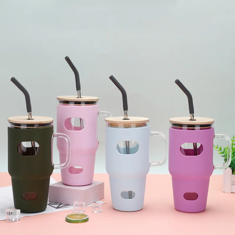 32OZ-Portable-Silicone-Glass-Bamboo-Lid-Straw-Water-Cup-Sports-Water ...