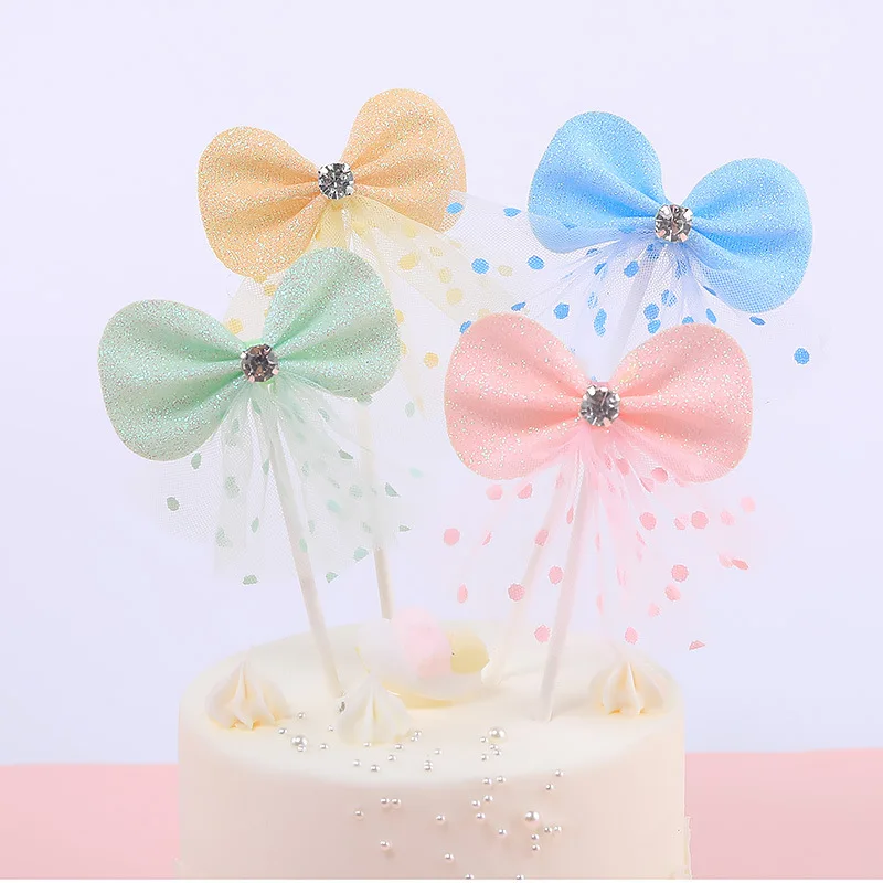 3pcs Bow Tie Cake Topper Pink Blue Yellow Diamond Bow Knot Cake Topper ...
