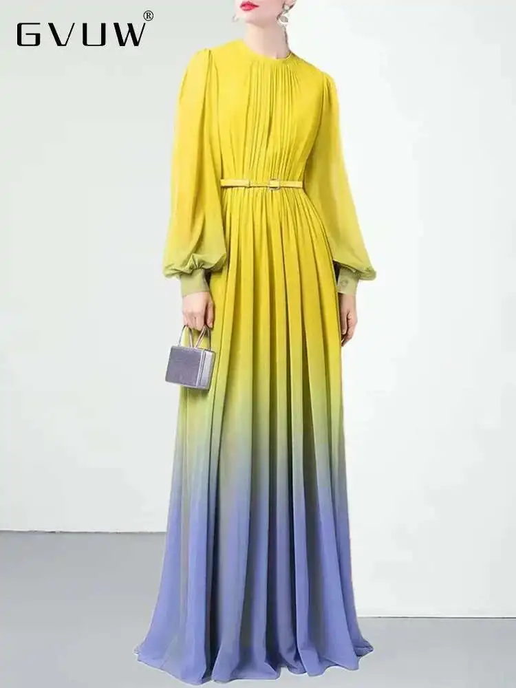 GVUW Party Elegant Long Dresses For Lady Full Flare Sleeve Belt Round ...