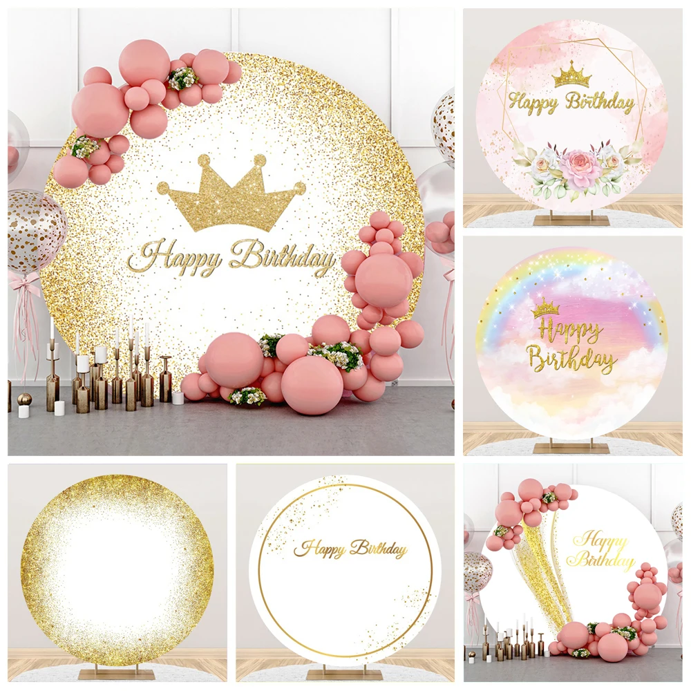 Gold-Glitter-Crown-Happy-Birthday-Party-Round-Circle-Background-for ...