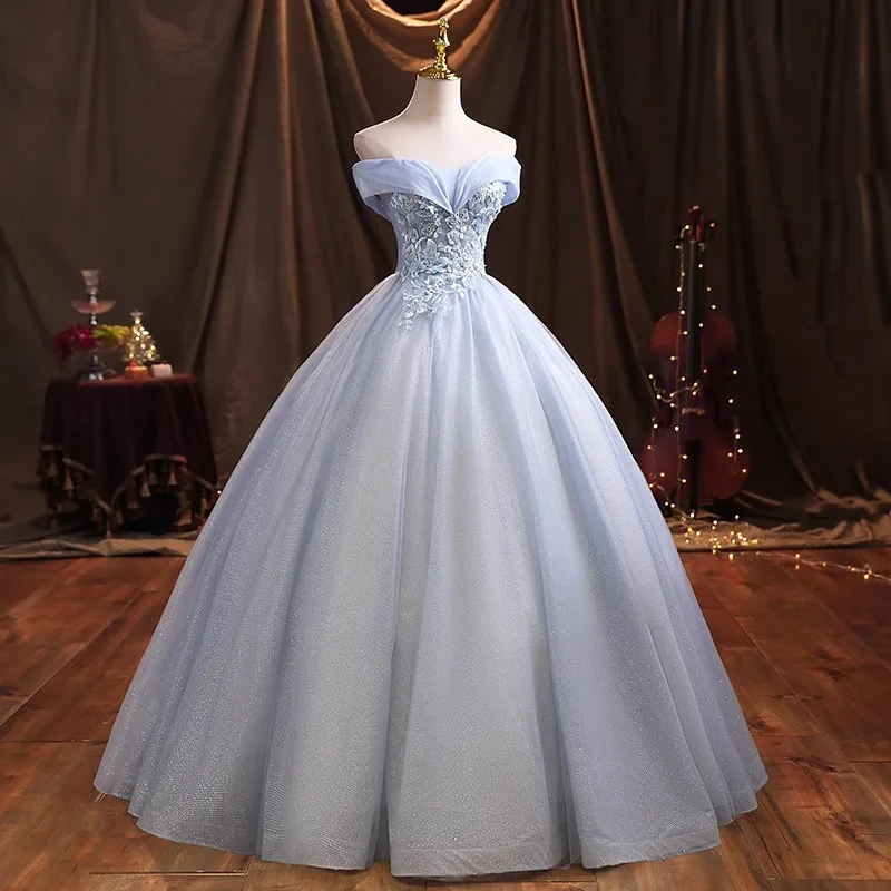 Customized Light Blue Ball Gown Women Evening Dresses Appliques Prom ...