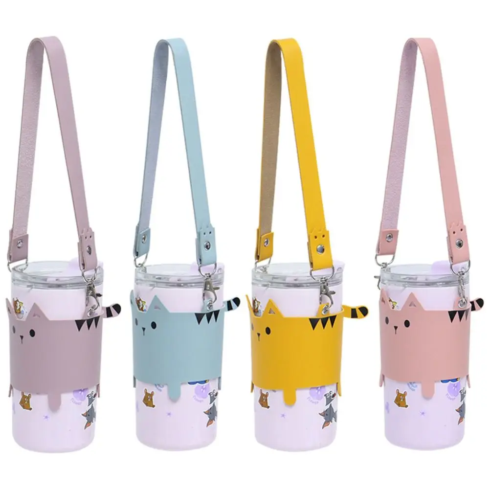 Cute Cat Design PU Leather Cup Holder for Cat Lover Portable Cups ...