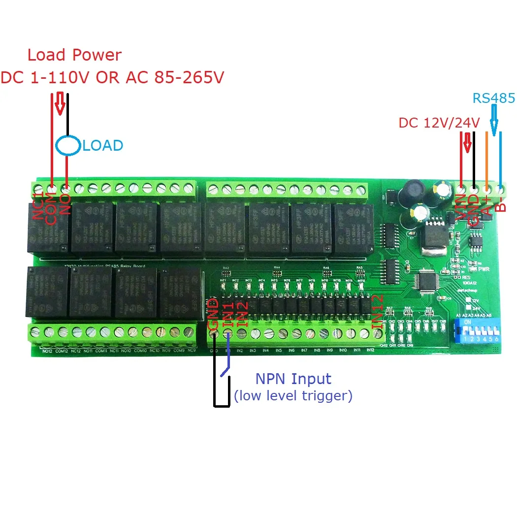 12채널 RS485 릴레이 보드 -DIN 레일, 12 DIO NPN, 12V, RS485 (12 Channel RS485 ...