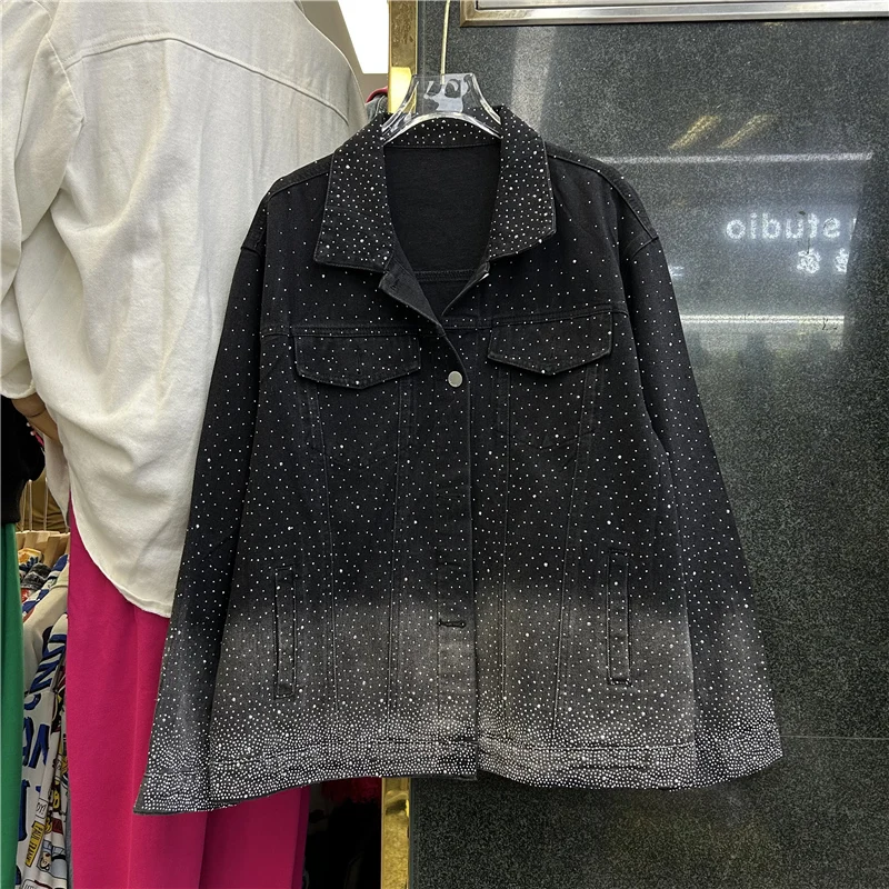 Women-Fashion-Rhinestones-Loose-Tie-dye-Gradient-Denim-Jacket-Casual ...