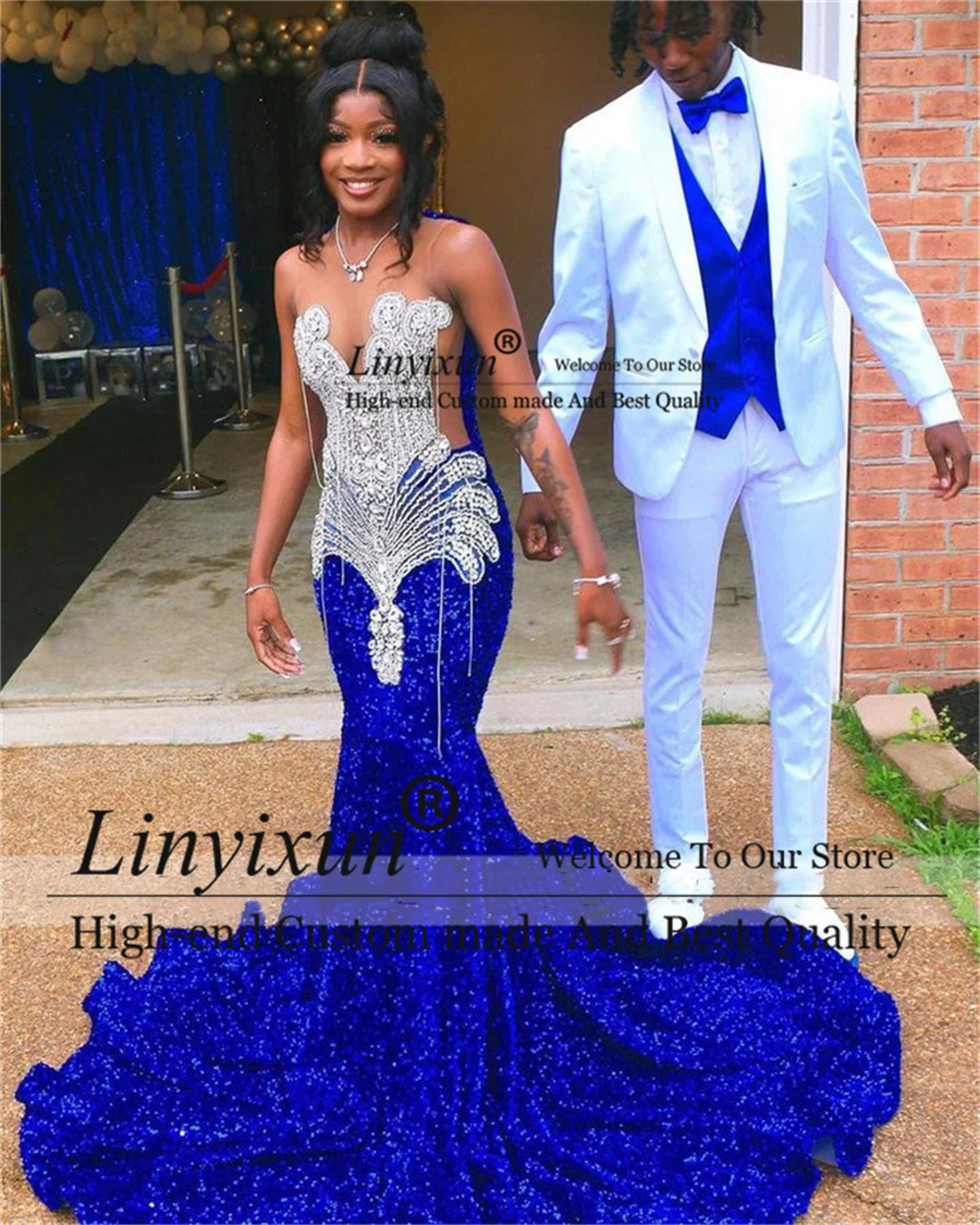 Royal Blue Velvet Mermaid Prom Dresses For Black Girls Beaded Crystal