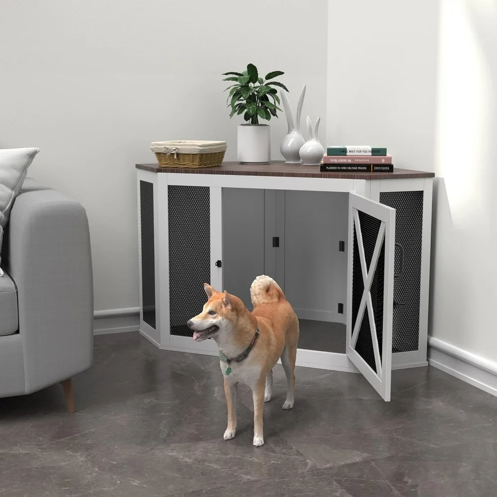 Corner-Dog-Crate-Furniture-Wooden-Dog-Kennel-End-Table-with-Mesh-Small ...