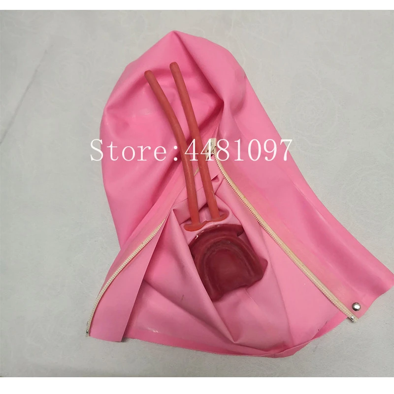 Pink Transparent Latex Hood with 15CM Long Nose Tube Red Teeth Gag ...