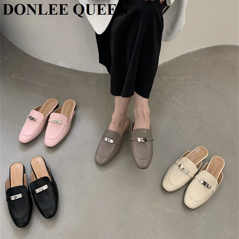 Women-Flat-Slippers-New-Fashion-Metal-Chain-Close-Toe-Mule-Shoes-Slip ...