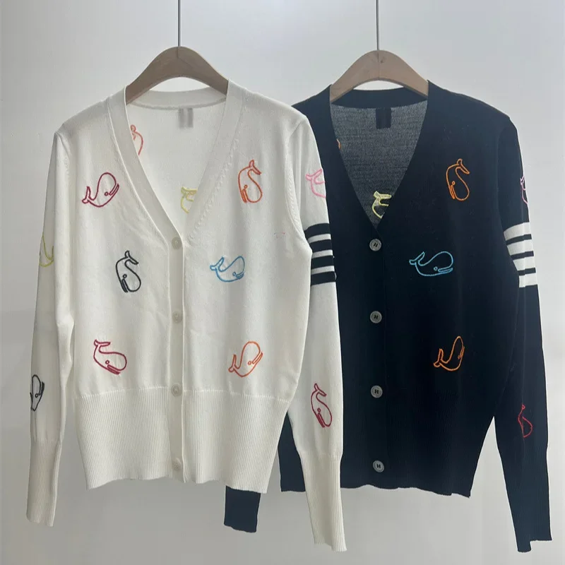 Whale-Embroidery-Sweater-For-Women-White-Color-Cartoon-Striped-Knit ...