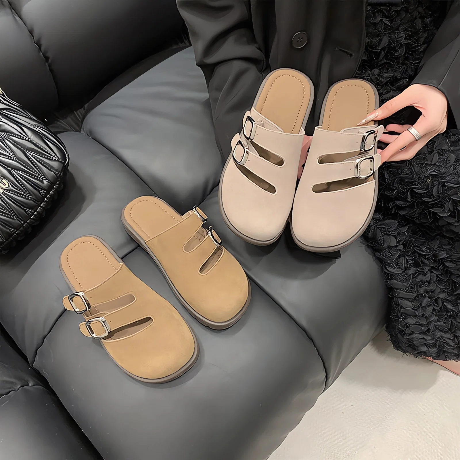2024-New-Women-s-Suede-Mules-Slippers-Platform-Flats-Boston-Clogs ...