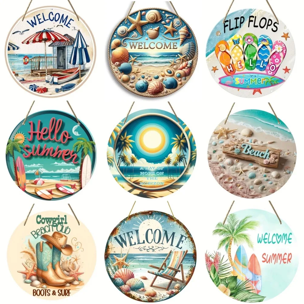 Round Wooden Summer Beach Sign, Welcome Sign, Front Door Decoration ...
