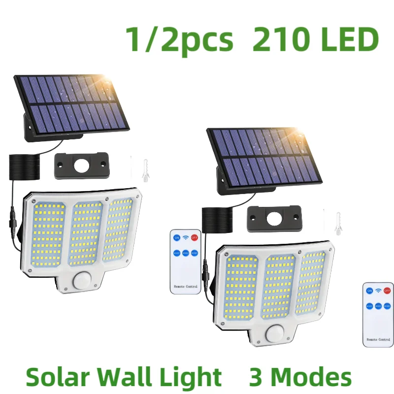1-2pcs-210LED-Solar-Wall-Light-Motion-Sensor-With-Remote-3-Modes ...