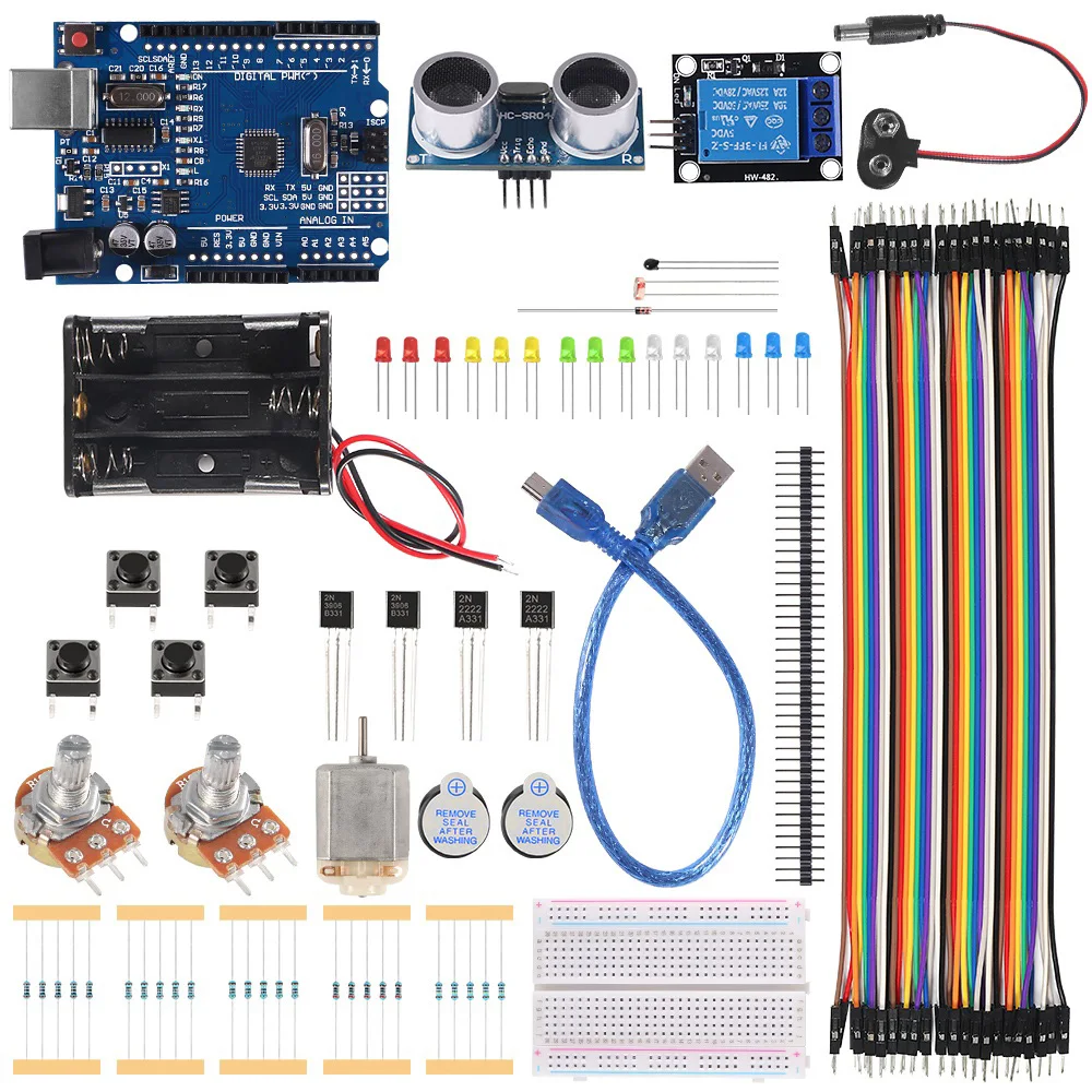 Kit de iniciación para Arduino, resistencias de placa de pruebas, luces LED, zumbador de motor ...