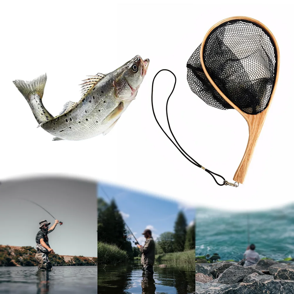 Wooden-Handle-Fly-Fishing-Landing-Net-Soft-Rubber-Mesh-Fishing-Net ...