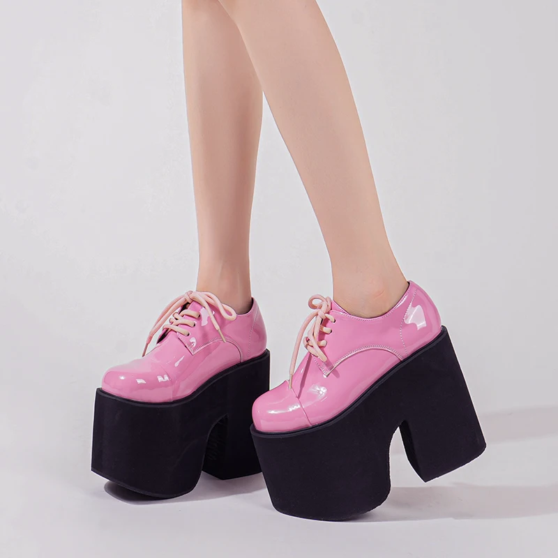 13cm-Chunky-Shoes-Pink-Boots-Round-Toe-Patent-Leather-Ankle-Boots-For ...