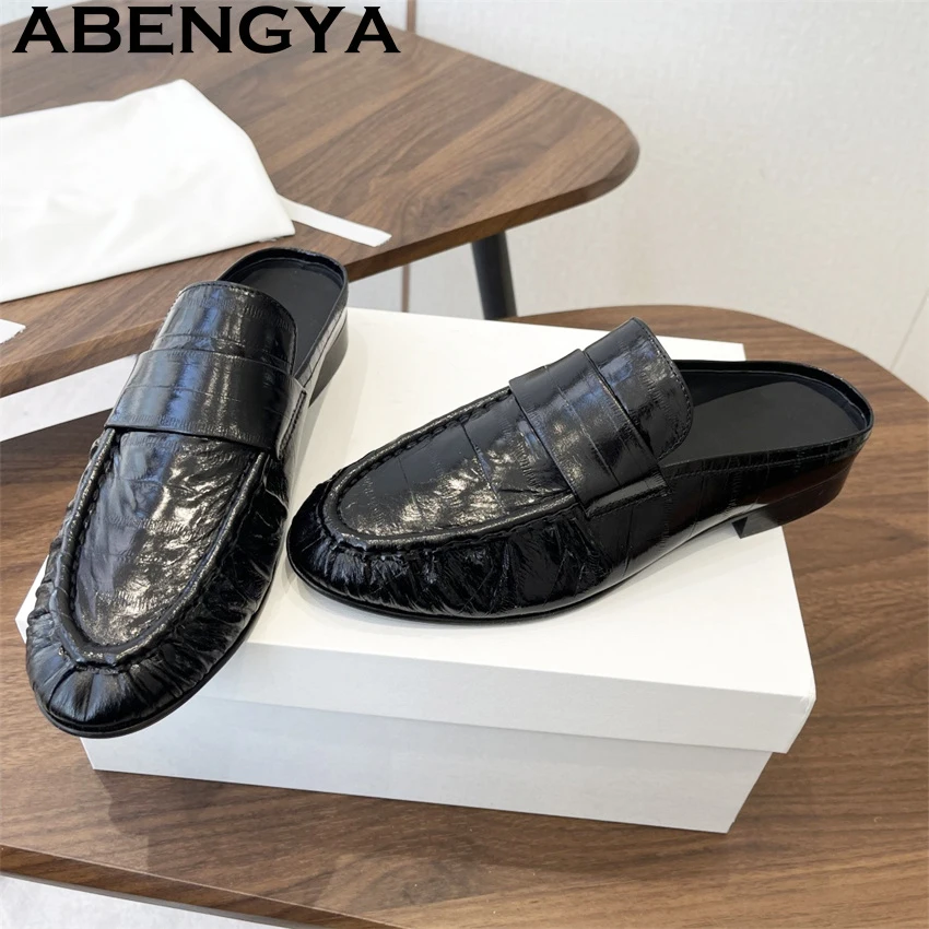 Quality Real Leather Round Half Toe Flat Slippers Woman Low Heels Mules ...