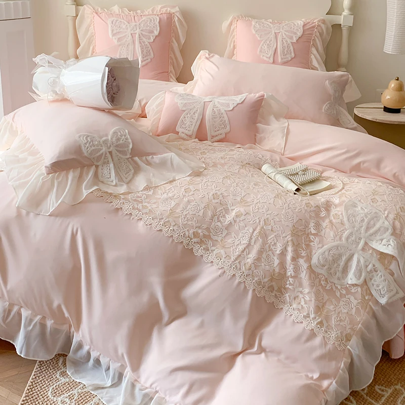 Korean-Princess-Bedding-Set-Coquette-Lace-Bow-Beauty-Solid-Color-Lace ...