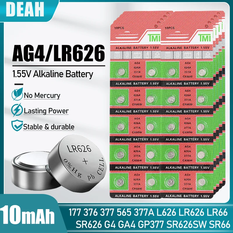 Batería alcalina para reloj de coche, LR626 AG4 pila de botón, 200, SR626, 626A, 377A, CX66W, 50 ...