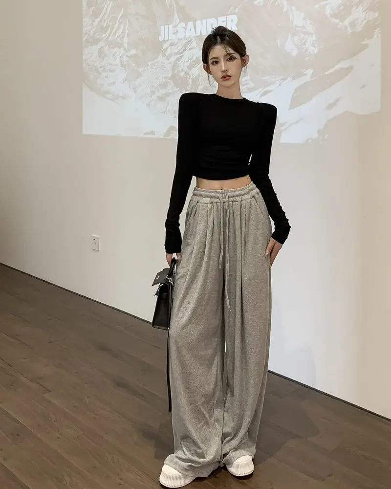 캐주얼 드레이프 하이 웨스트 넓은 다리 바지 여성용 느슨한 스트레이트 대걸레 슬리밍 스포츠 바지 홍콩 풍미 회색 가을
