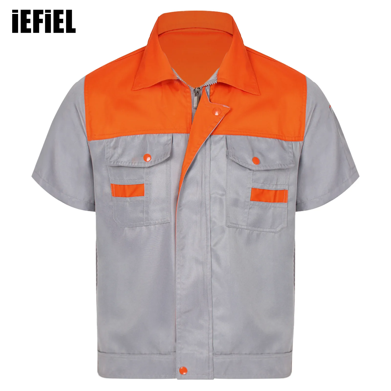 Mens-Color-Block-Short-Sleeve-Work-Shirt-Turn-Down-Collar-Workwear ...
