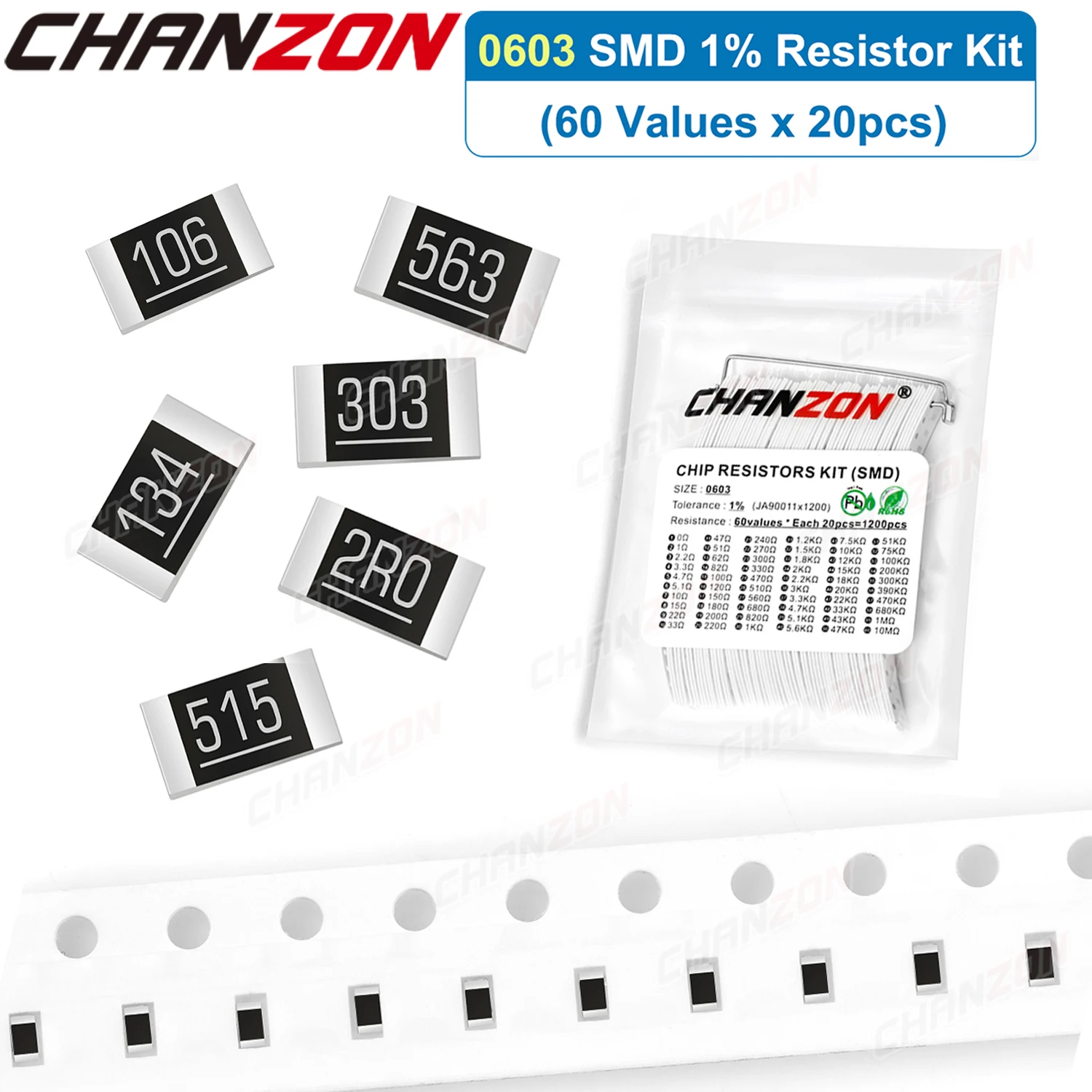 1200Pcs/lot 60 Values 0603 1% High Precision SMD Resistor Kit 0ohm 1 33 ...