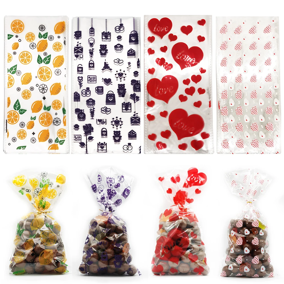 50Pcs Transparent Plastic Candy Bags Love Heart Lemon Biscuit Cookie ...