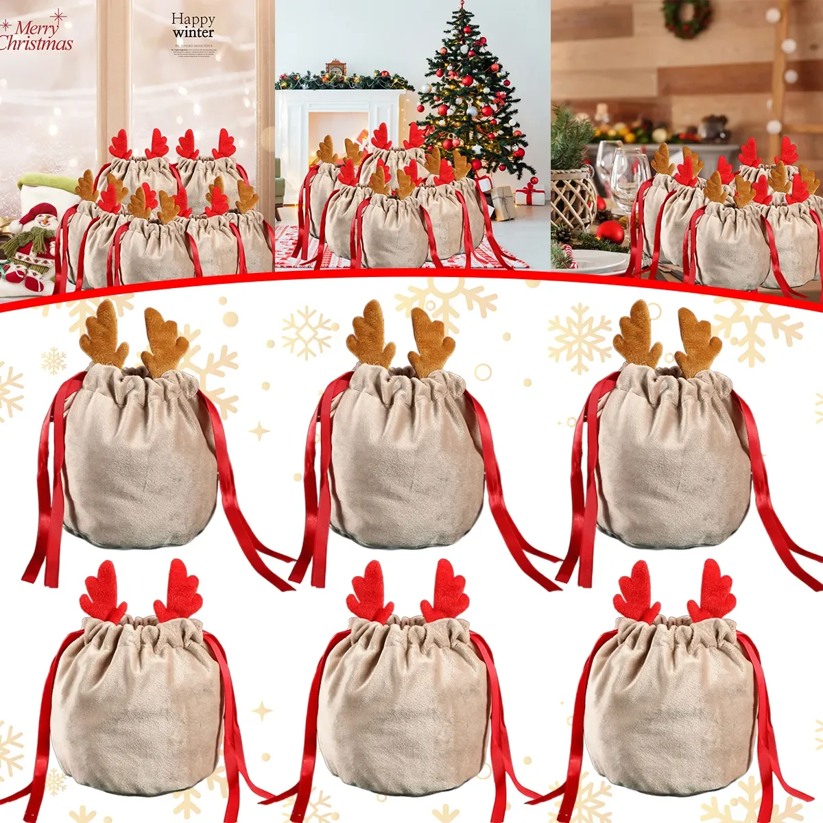 5-10-Christmas-Reindeer-Drawstring-Gift-Bag-Reusable-Velvet-Santa-Claus ...