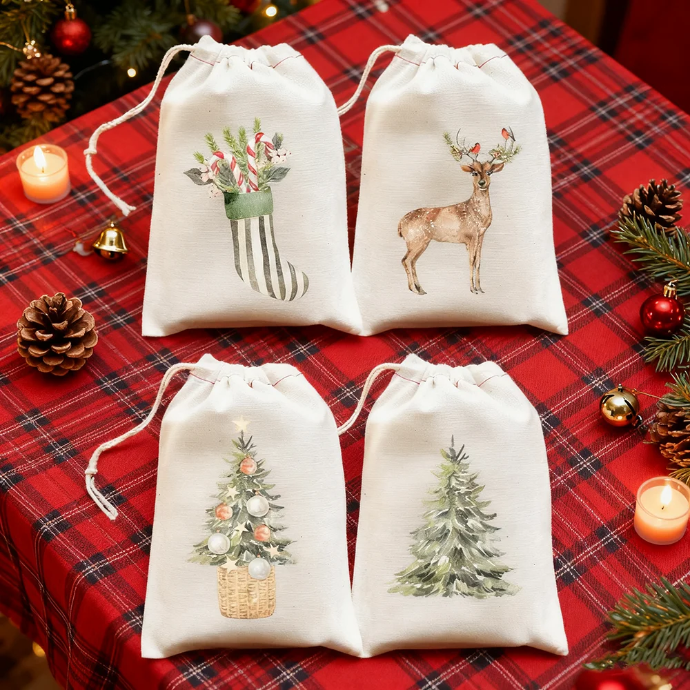4Pcs Christmas Muslin Cotton Drawstring Favor Bag Farmhouse Holiday New ...