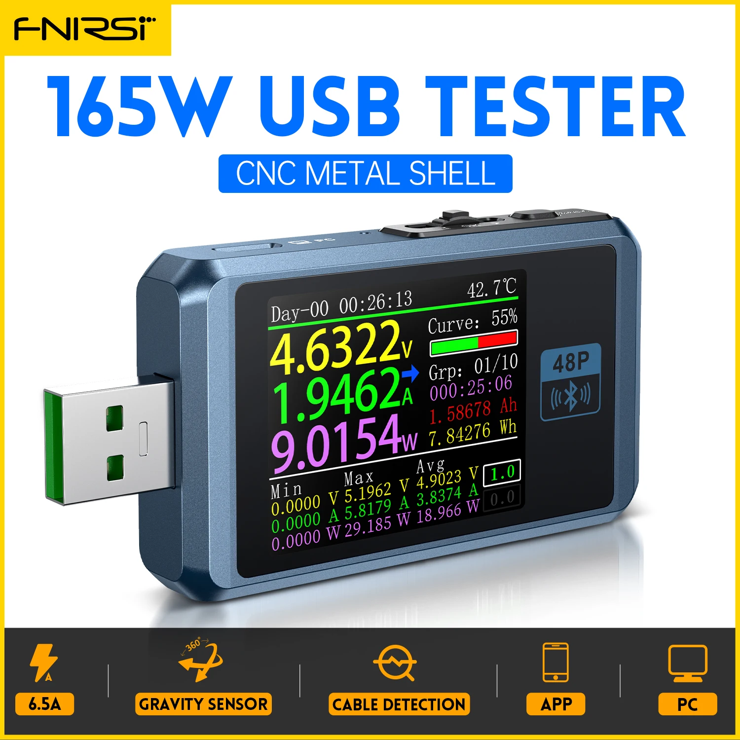 FNIRSI FNB48P usb bateria tester voltímetro amperímetro TYPE C detecção ...