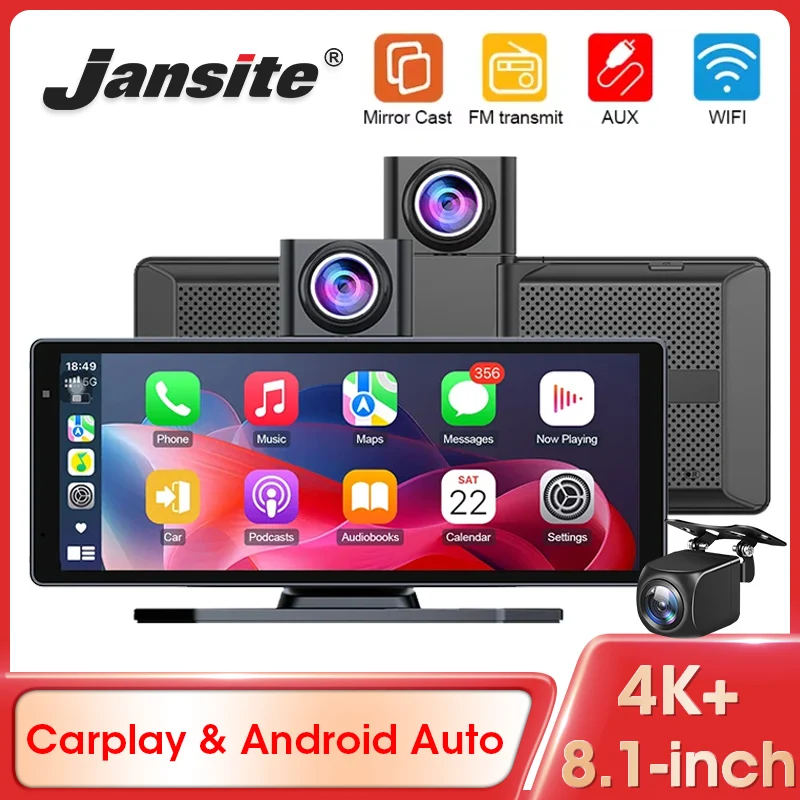 Jansite 8.1인치 2.5K 대시캠 1080P 백업 카메라 무선 카플레이 터치스크린 차량용 DVR 카플레이 안드로이드 오토 ...