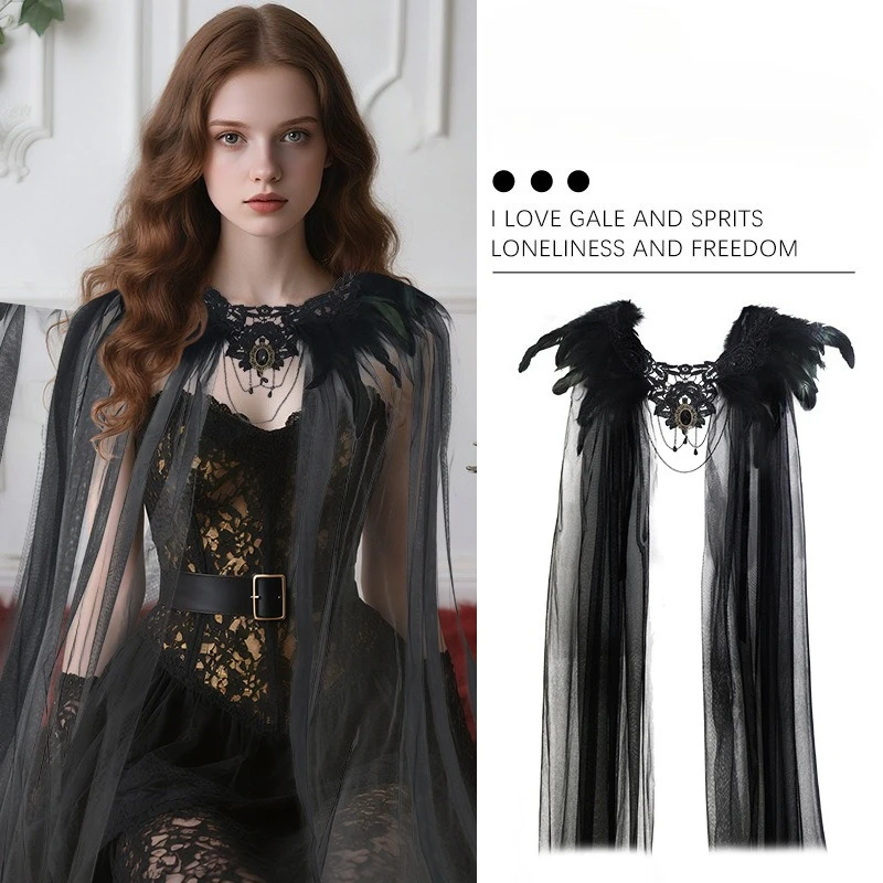 Halloween Black Feather Cloak Mesh Cloak Mid Length Dress for Stage and ...