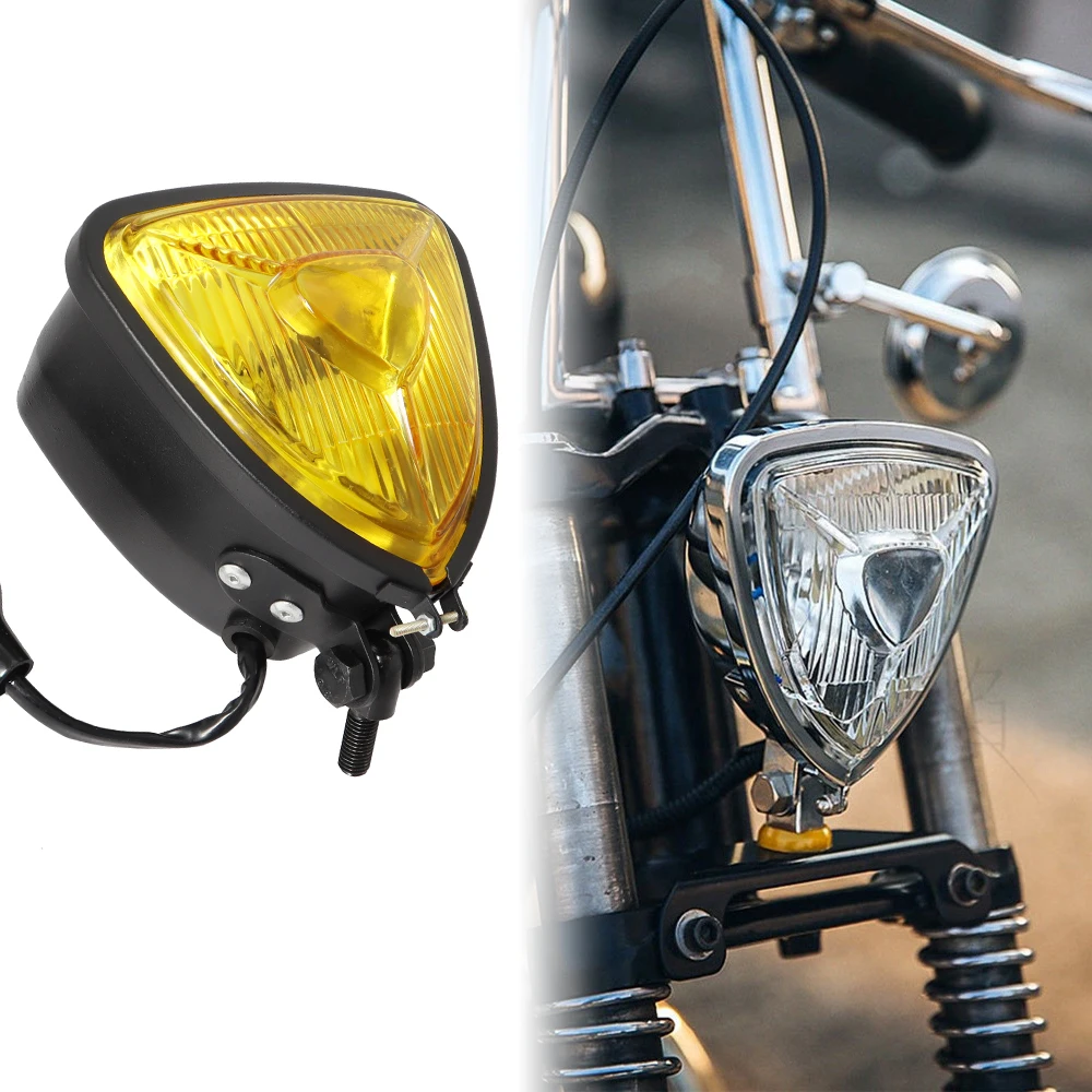 Cafe-Racer-Retro-Motorcycle-Triangle-Headlight-Clear-Yellow-Lens-H4-12V ...
