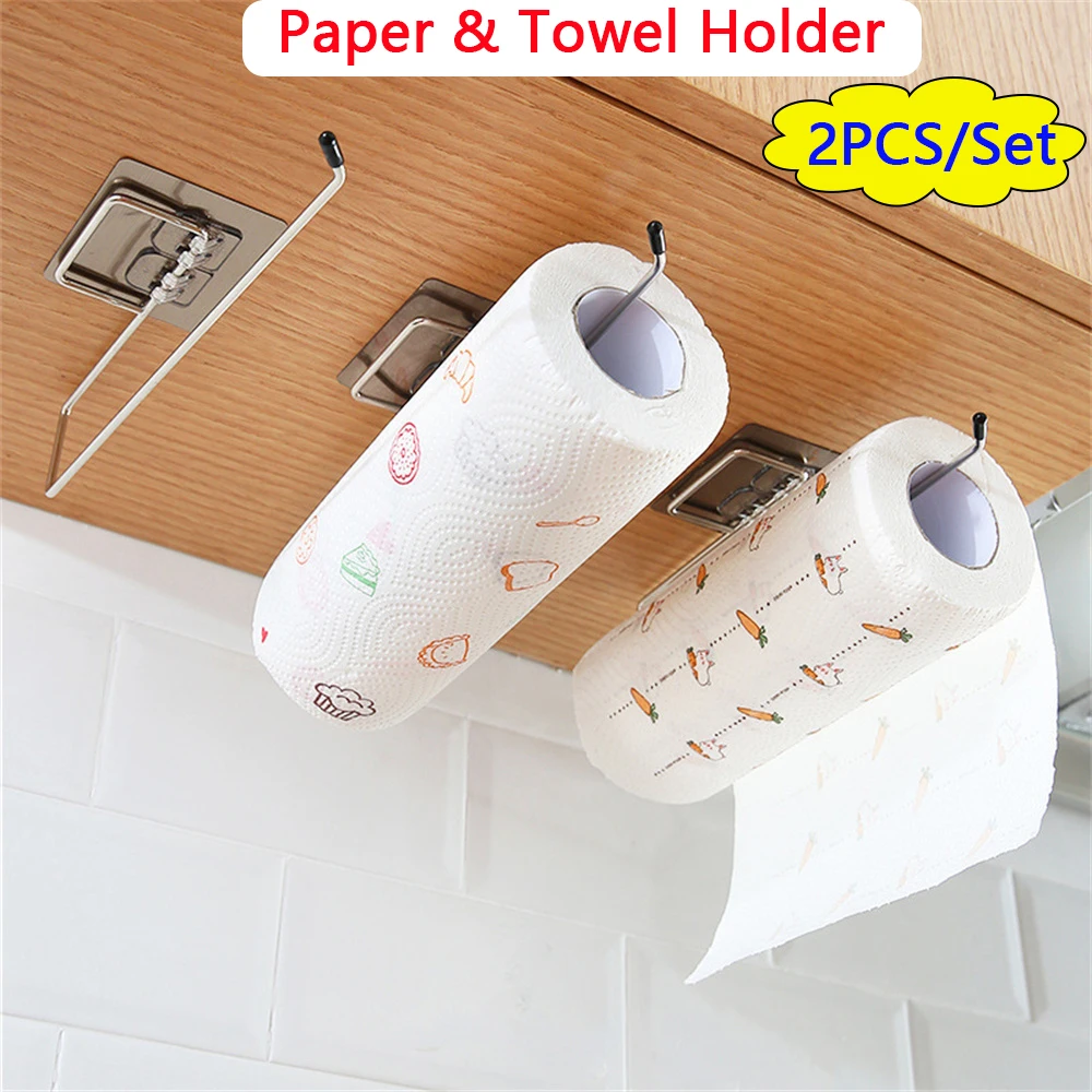 2PCS-Kitchen-Paper-Towel-Holder-Adhesive-Toilet-Paper-Rack-Towel-Hanger ...