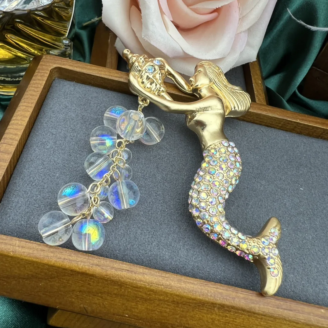 Vintage Women Middle Exquisite Mermaid Tassel Crystal Brooches Pins ...