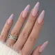 24Ps/Set Almond Slant Gold Line Lotus Pink Fake Nails Artificial ...