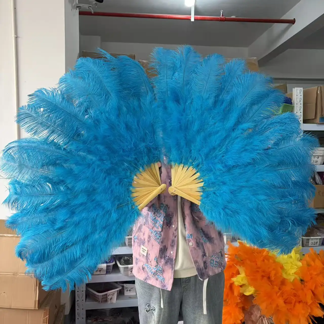 Lake Blue Natural Fluffy Ostrich Feather Fan Foldable Handheld Fan for ...