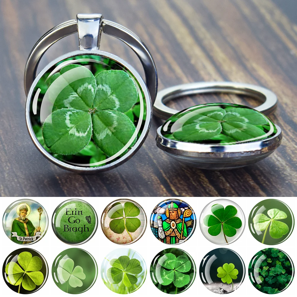 Four-leaf-Clover-Keychains-Glass-Cabochon-Double-Sides-Pendant-Key ...