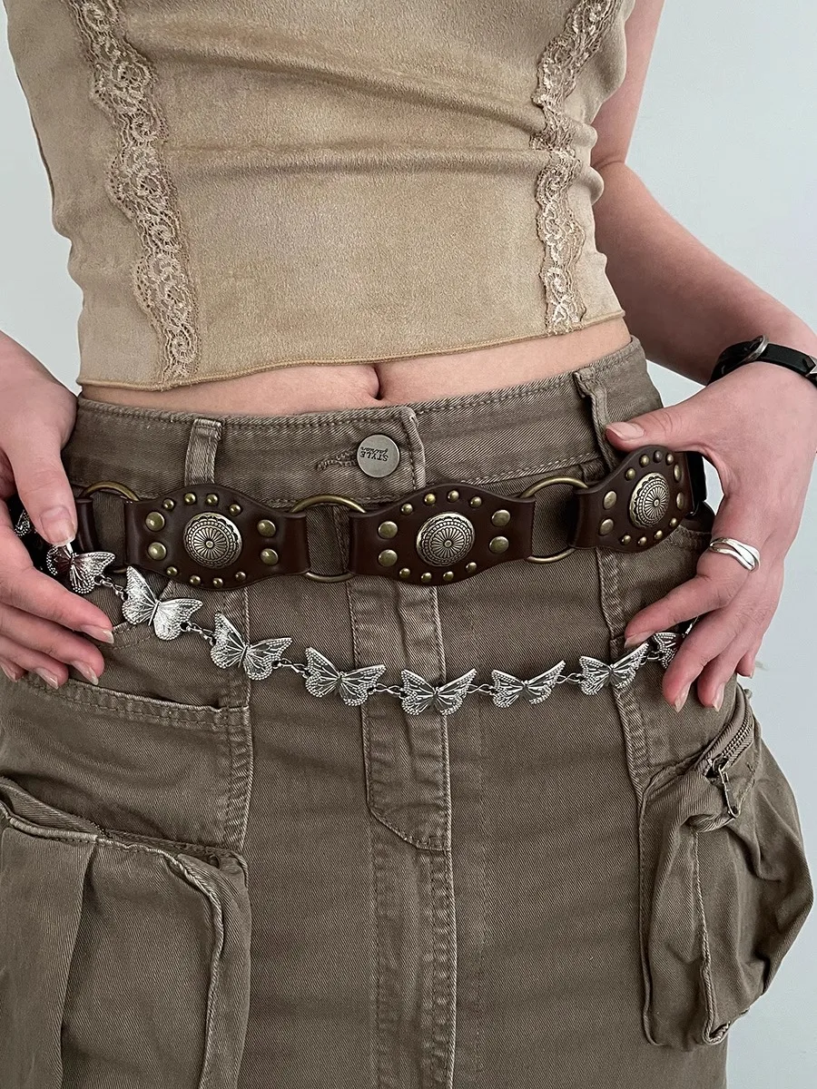 Western Cowboy Belt For Women 2025 New American Vintage Brown Rivet ...