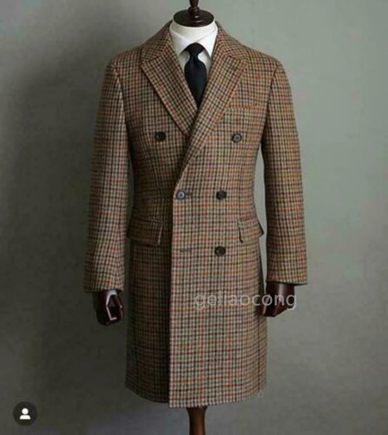 Winter Men Brown Houndstooth Coats Woolen Long Sleeve Jackets Fleece ...