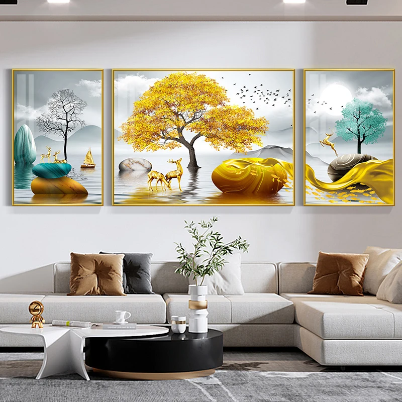 3-Panel-Chinese-Feng-Shui-Golden-Rich-Tree-Canvas-Painting-Wall-Art ...