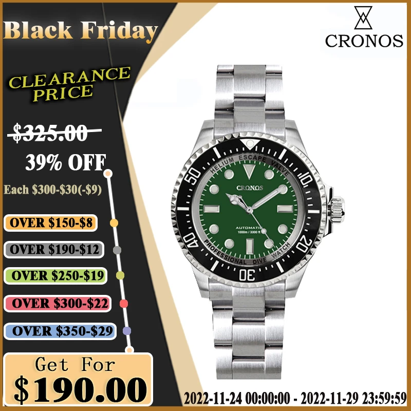Cronos Automatic Diving Watch Stainless Steel 2000 Meters Water ...